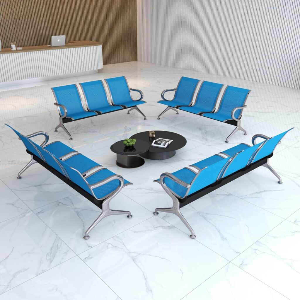 Blue 3-Link Metallic Reception Office Bench - Gucca Furniture